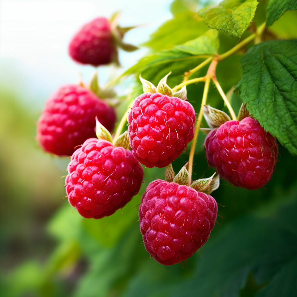 "Juicy ripe raspberries on a branch moist sun-filled raspberries are ...