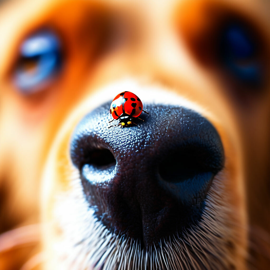 "Ladybug on the dog's nose, top view, macro photo, bright colors ...