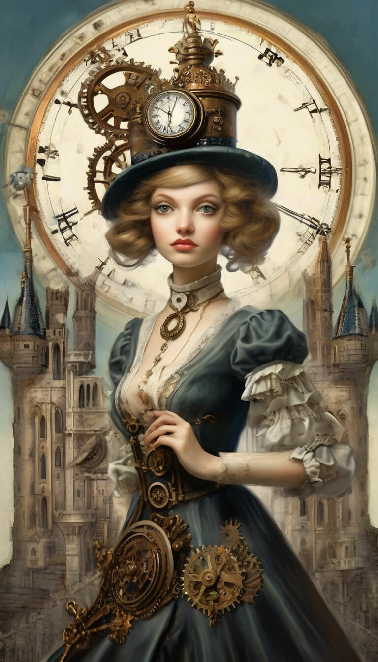 "A woman in a fancy dress and a hat …" — image created in Shedevrum
