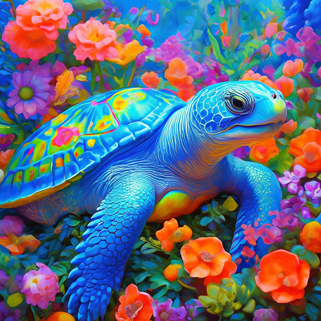 "Blue neon turtle among plants and …" — image created in Shedevrum
