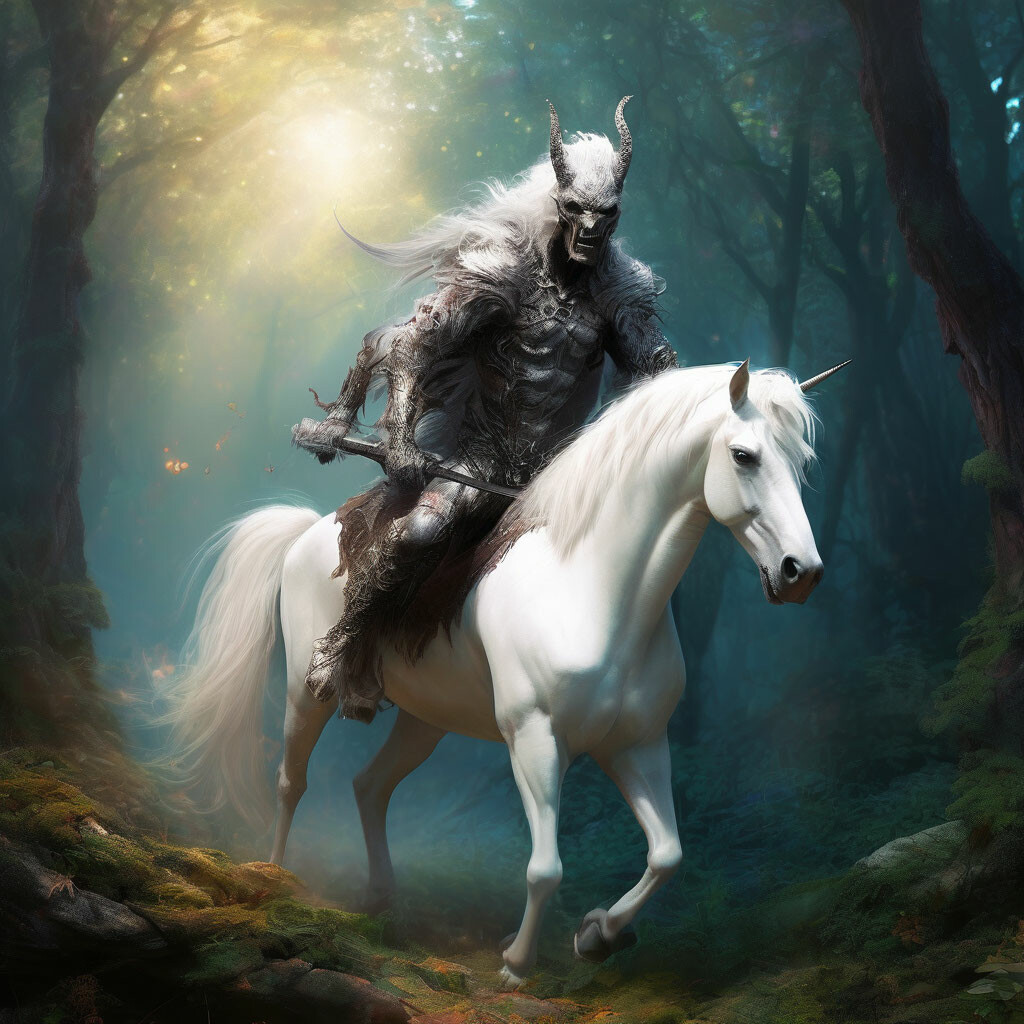 "A demon riding a white unicorn is riding in a beautiful forest ...