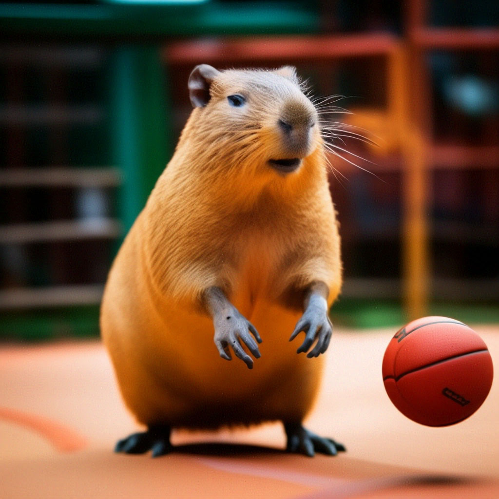 "Capybara plays basketball" — image created in Shedevrum