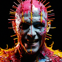 «Pinhead from [Hellraiser] covered in liquid color, smile, happy face ...