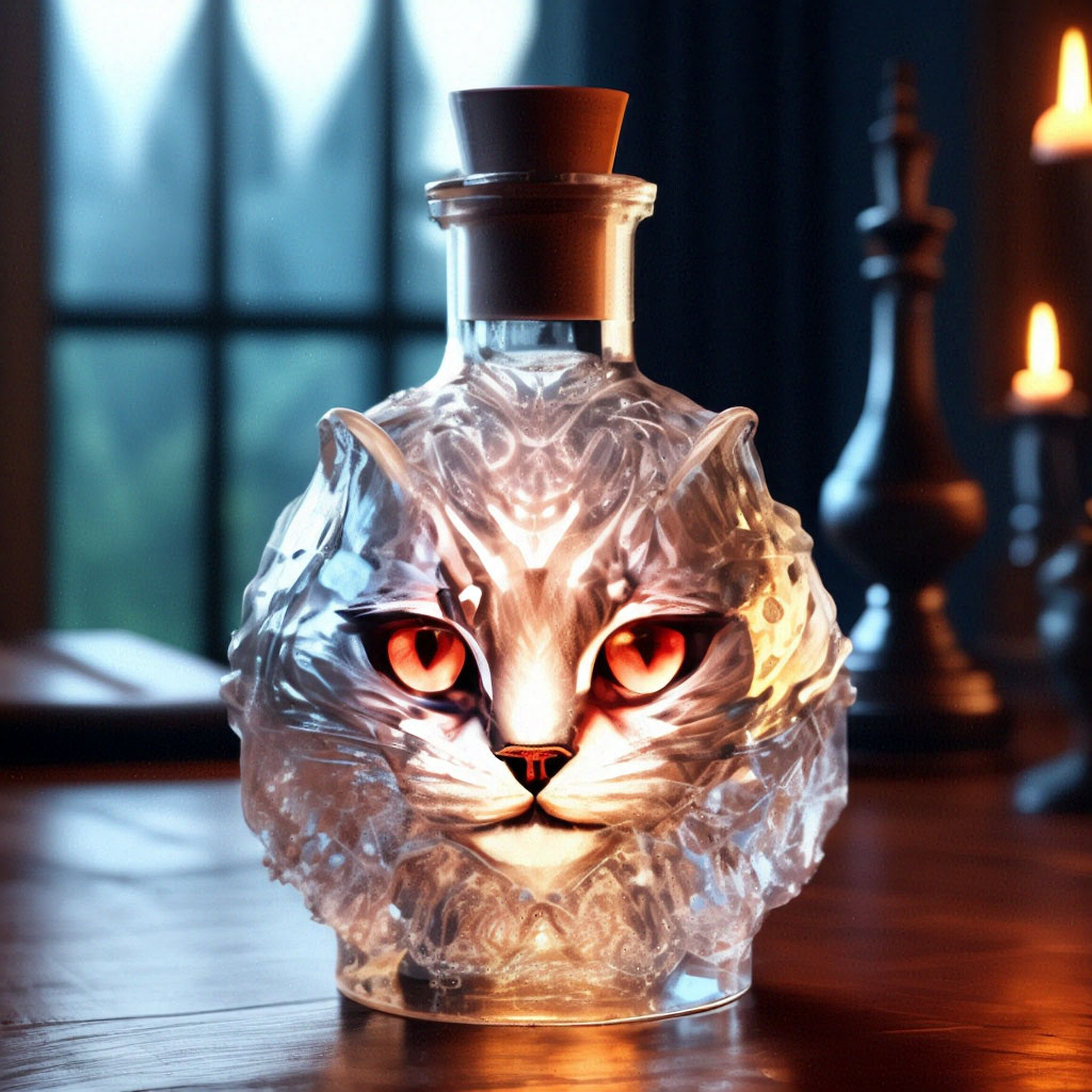 "Transparent etched glass potion bottle made of ice, with glowing cat's ...