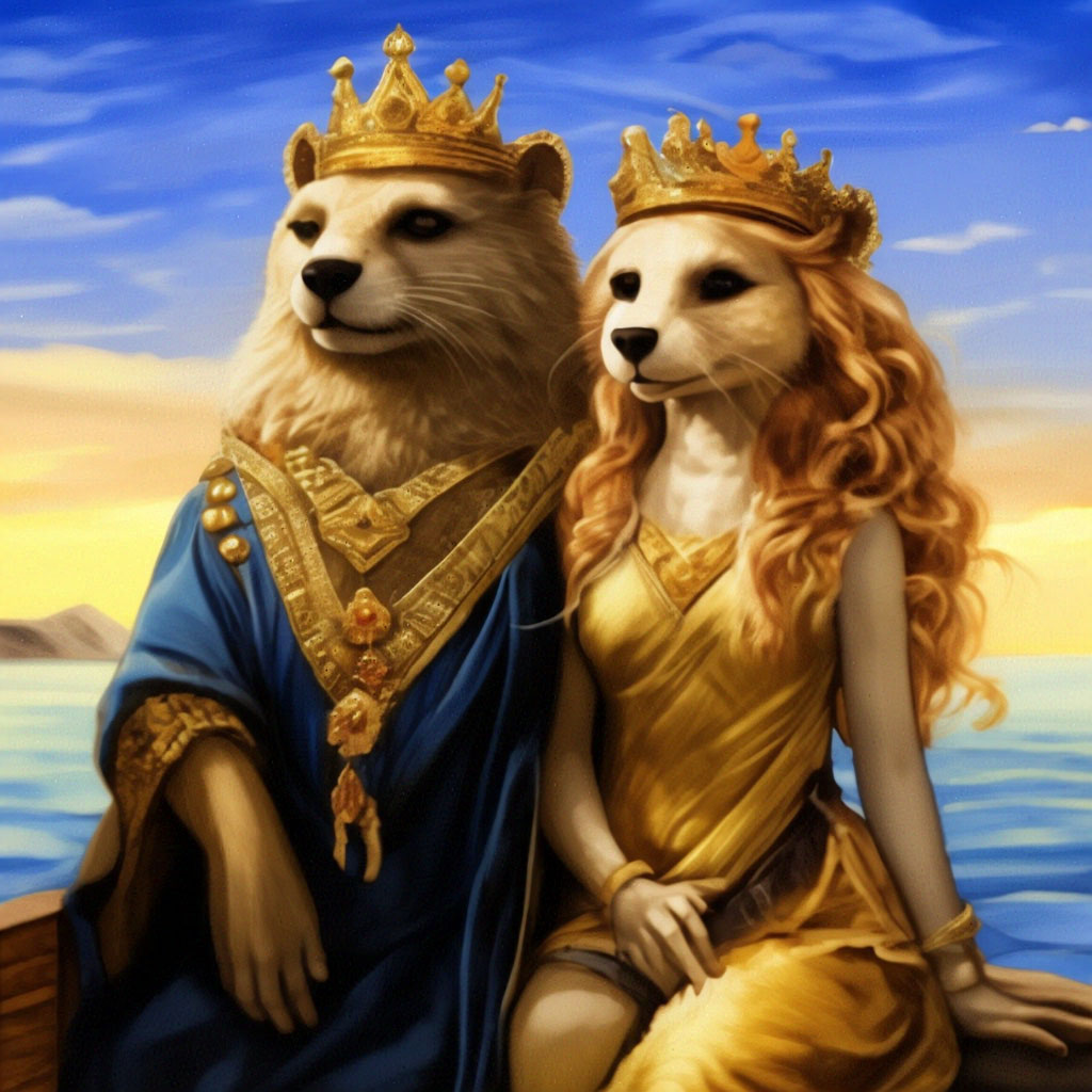"Anthropomorphic otter-Penelope, with long flowing wavy blond hair ...