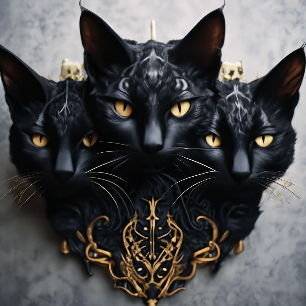 "THREE-HEADED black cat with THREE HEADS on a white background, dark ...