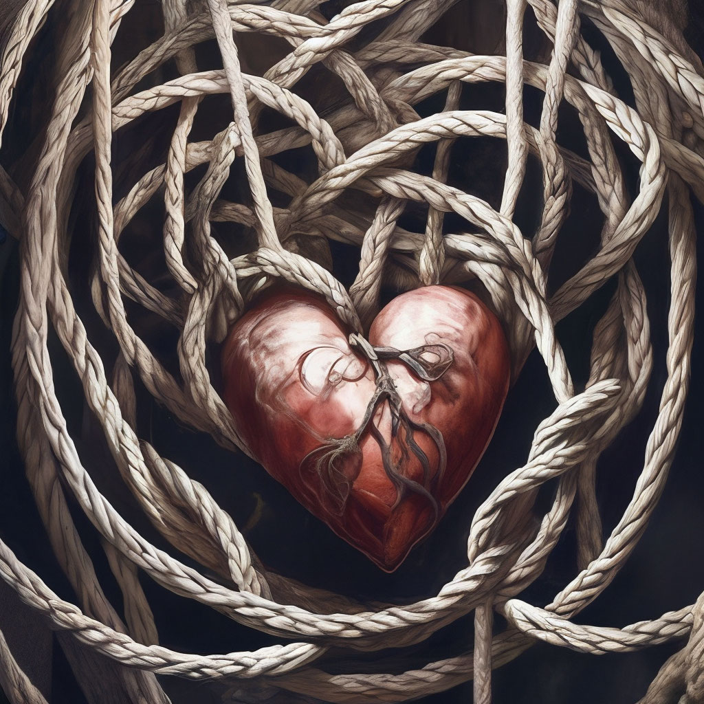 "In the style of a book illustration, ropes stretch from the heart, the ...