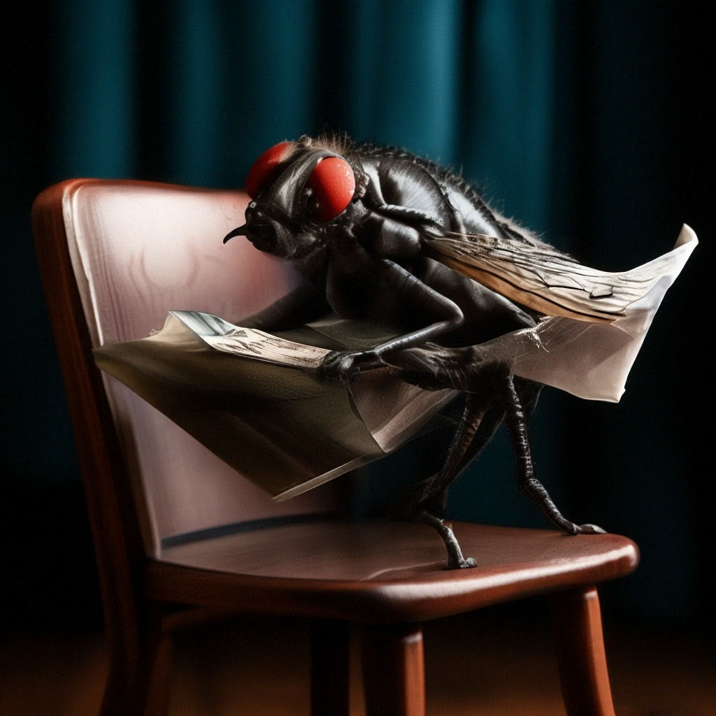 "A fly is sitting on a chair and reading a newspaper" — image created ...