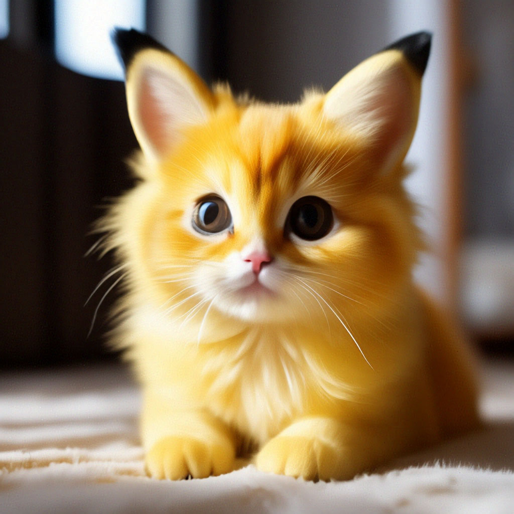 "Pikachu cat 🐱 yellow fur, black nose, red cheeks, cute muzzle, big ...