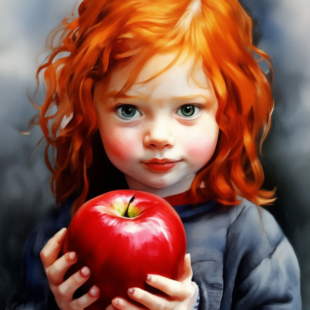 "A big rosy shiny apple and in the hands of a cute red-haired child ...
