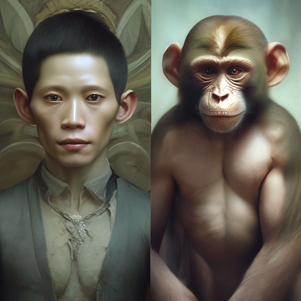 "A hybrid of a human and a monkey" — image created in Shedevrum