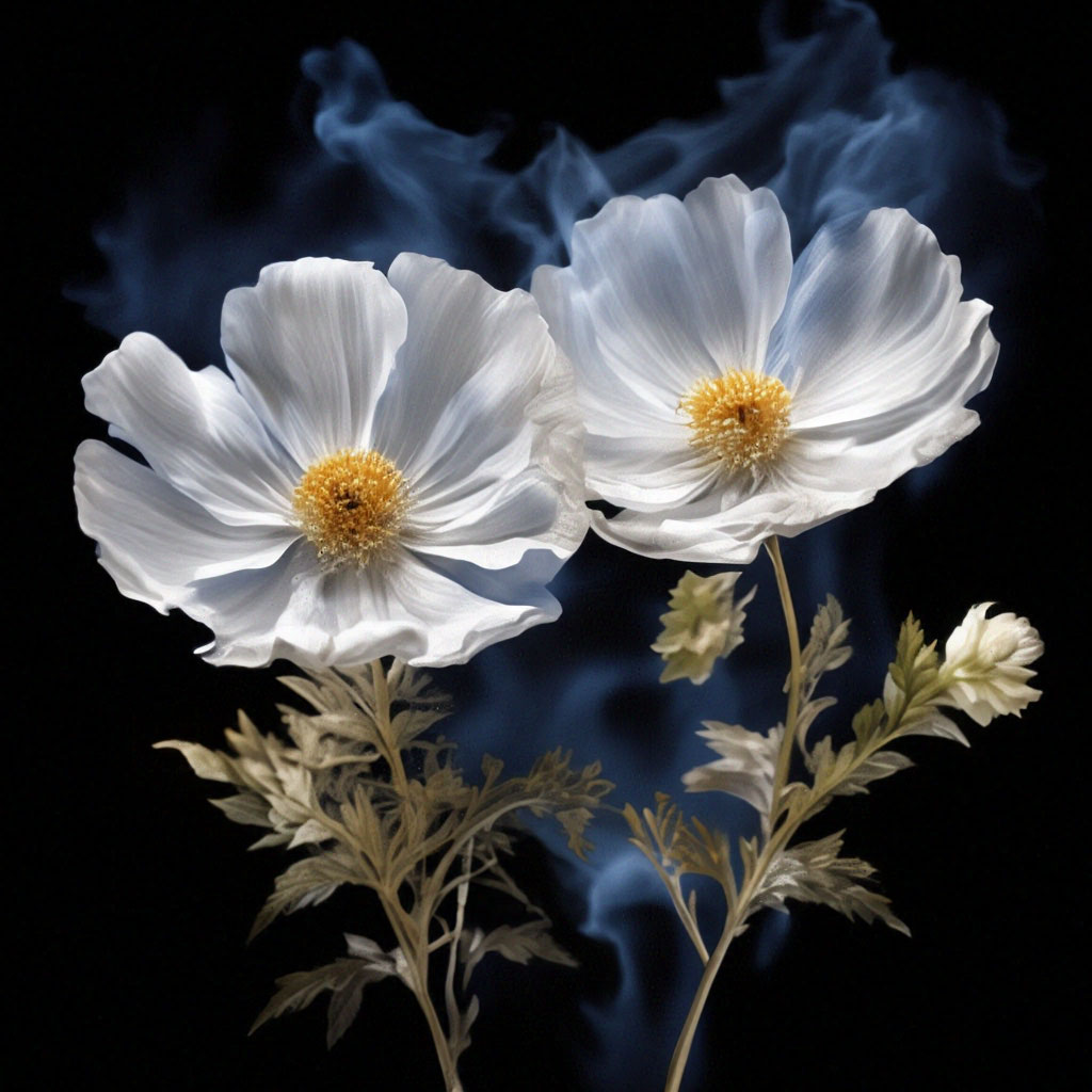 "Two lovely figure, flowers leaves and smoke, high-octane painting ...