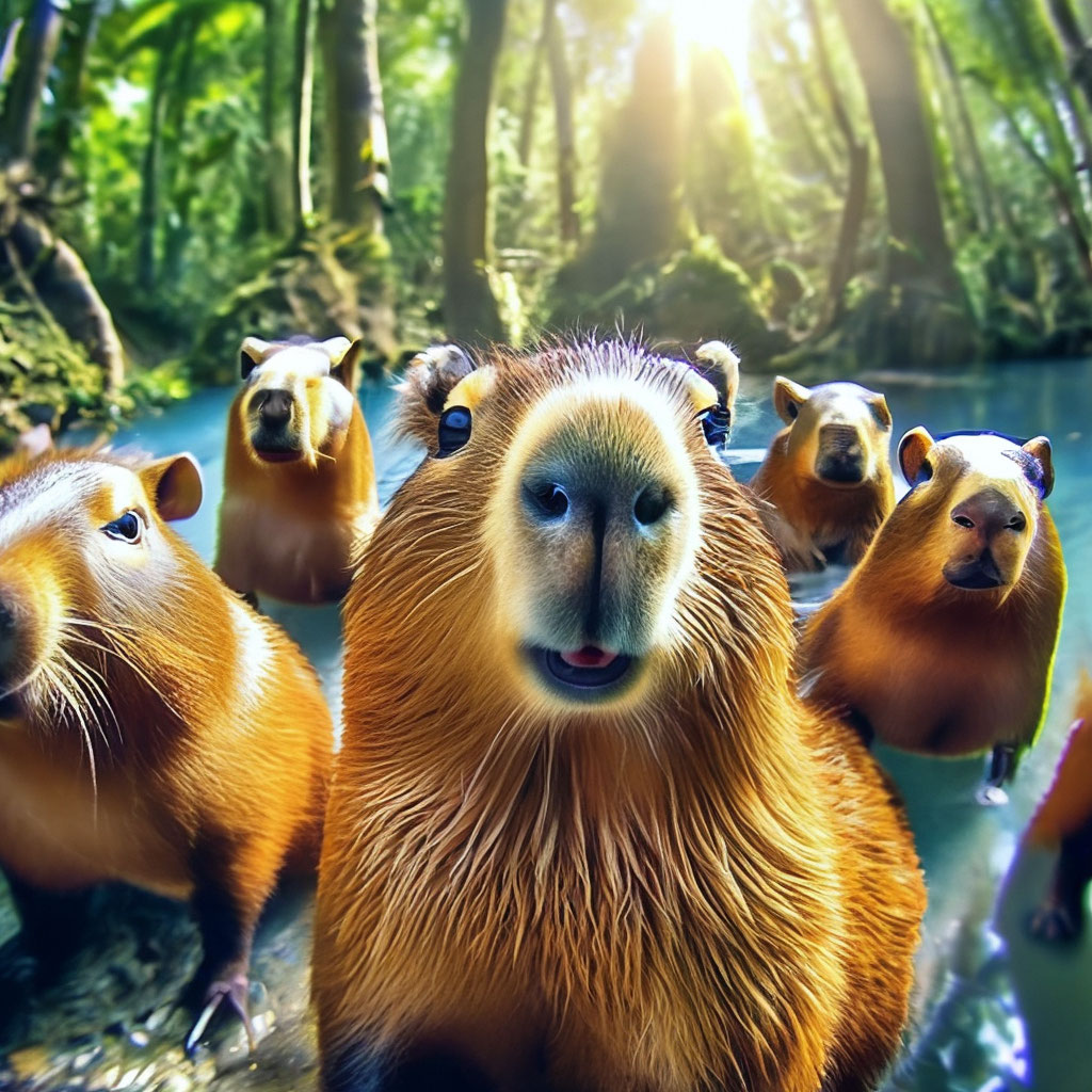 "Capybaras selfie,in the forest,many different capybaras,funny ...