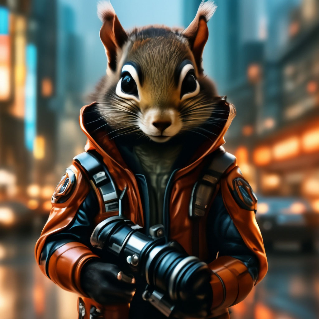 "Anthropomorphic squirrel +with photo camera+city, in cyberpunk styles ...