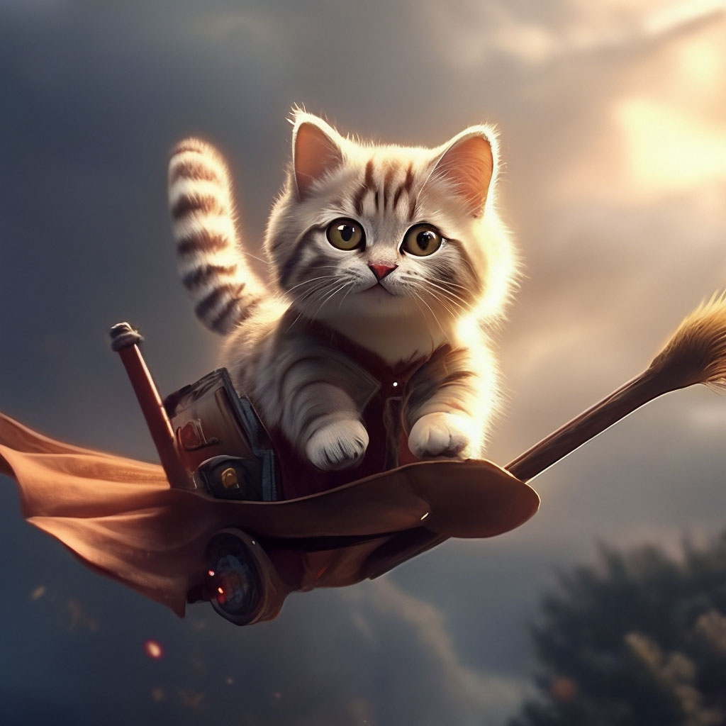 "💞Cat anthropomorphic cat with huge eyes flying on a broomstick ...