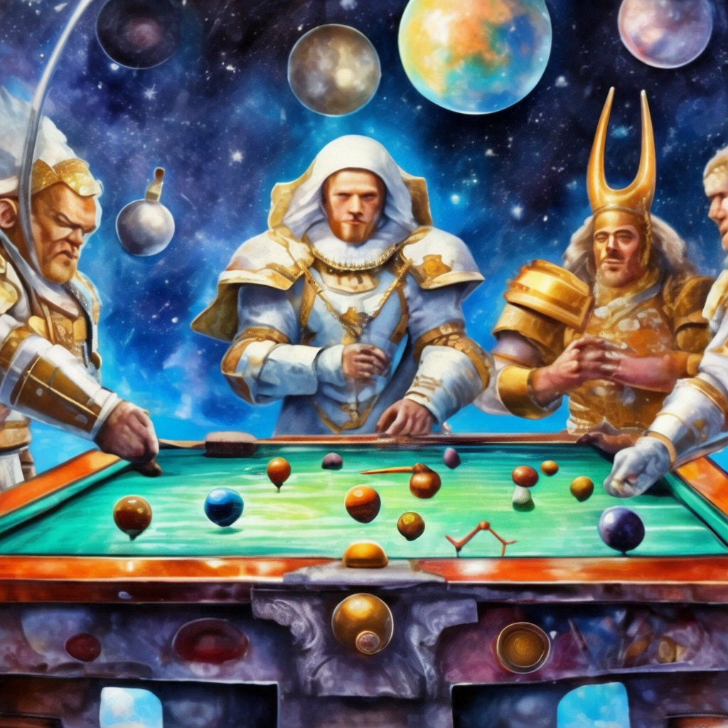 "Space billiards. planets on the cosmic table, ancient gods holding a ...