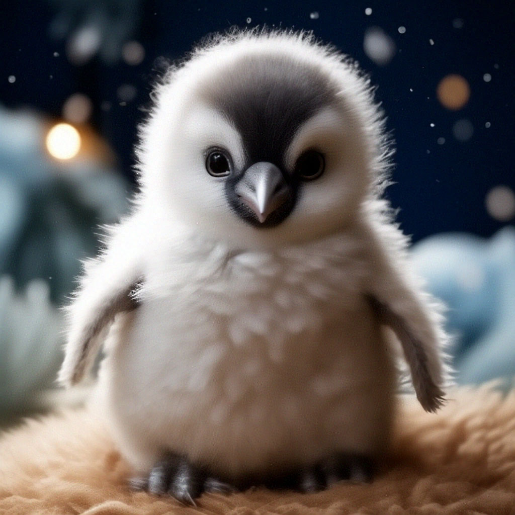 "Fluffy baby penguin on an ice floe, around snowflakes, fabulously ...
