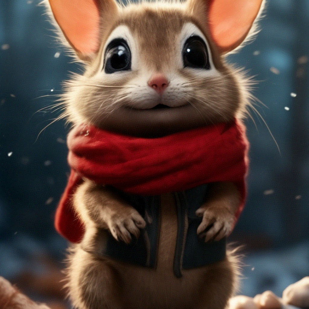 "Jerboa+chipmunk +gopher,hybrid,in a red scarf,in a winter forest,it's ...