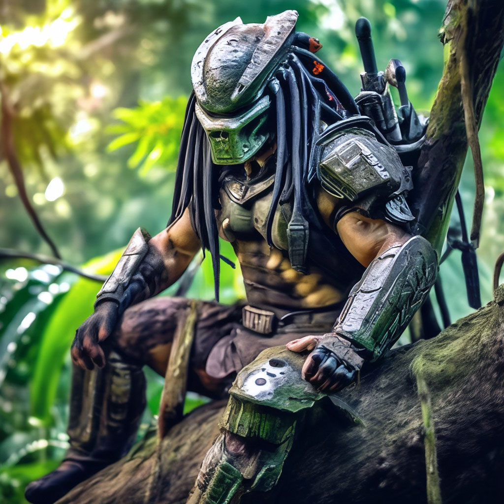 "Predator with a shoulder cannon, sitting on a tree in the jungle.High ...