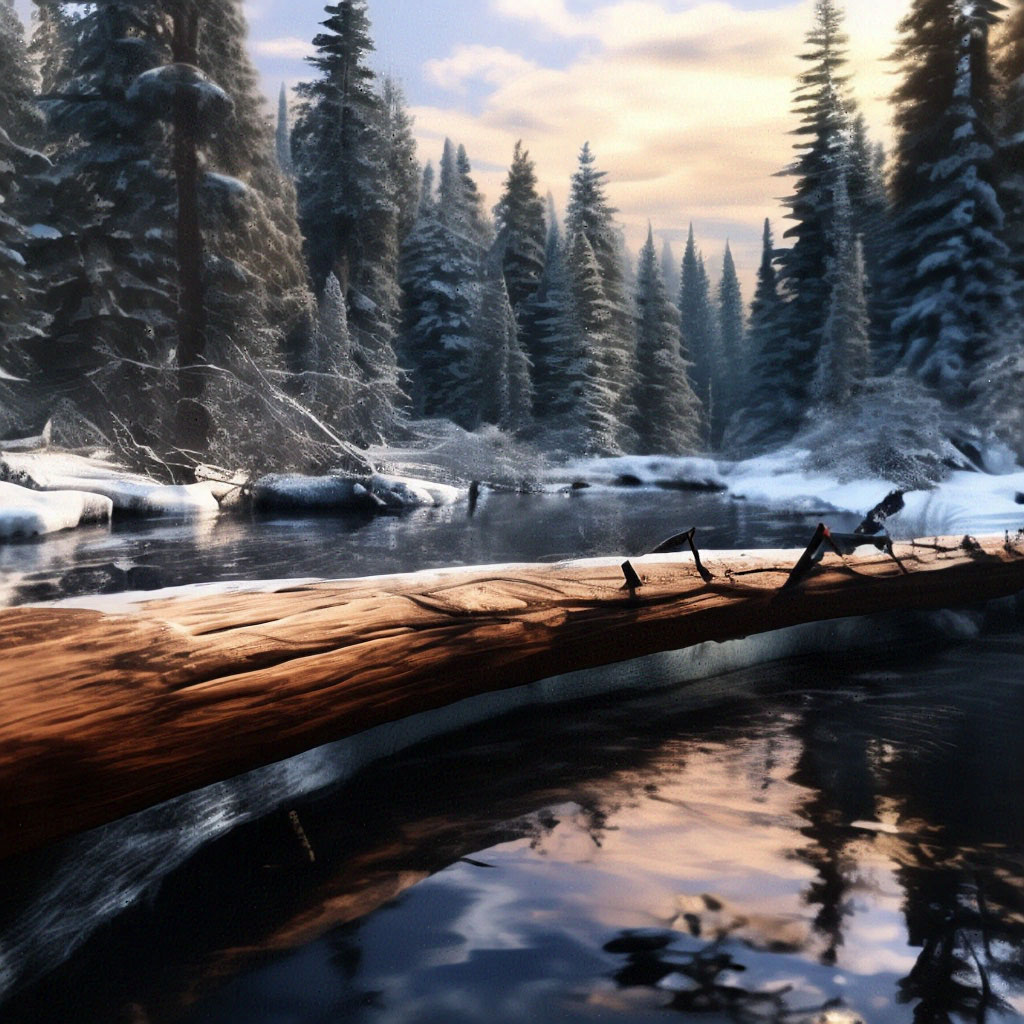 "A fallen larch tree in the taiga, next to a freezing stream. Photo ...