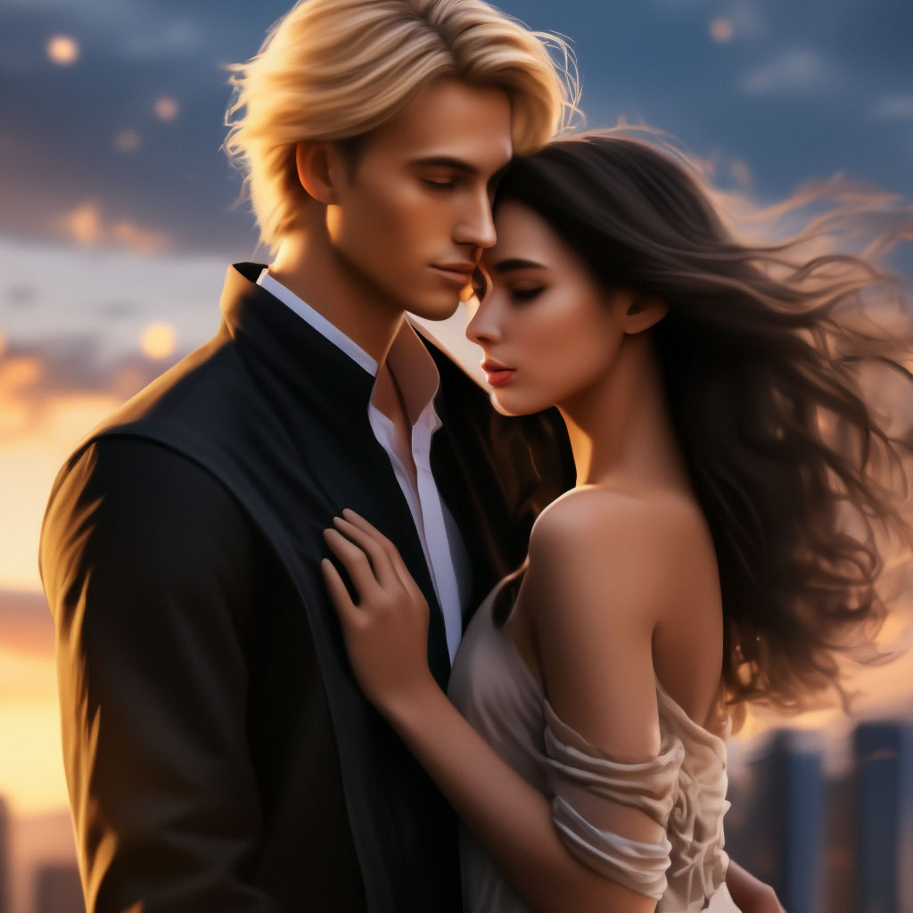 "First love, two lovers are standing, brunette girl, sweet and graceful ...