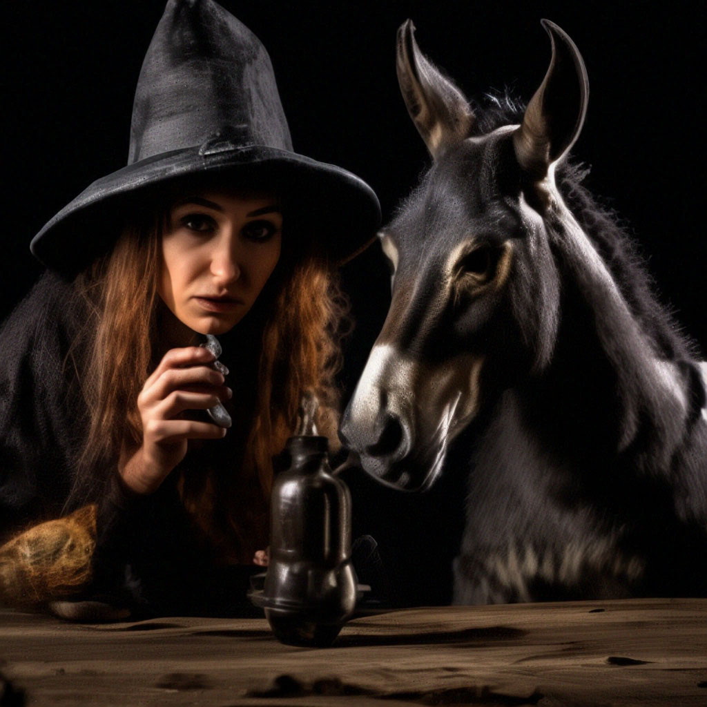 "Witch and donkey drinking vodka, close-up, high detail," — image ...