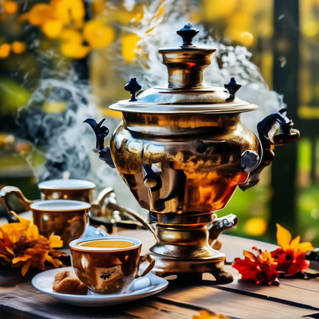 "Steaming samovar on the table, poured into a cup of tea, autumn ...