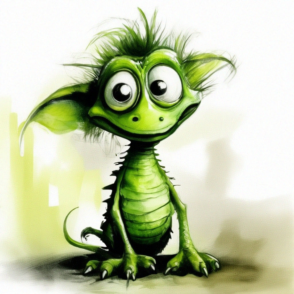"A cartoon contented, shy, cute, skinny, disheveled, shaggy, little ...