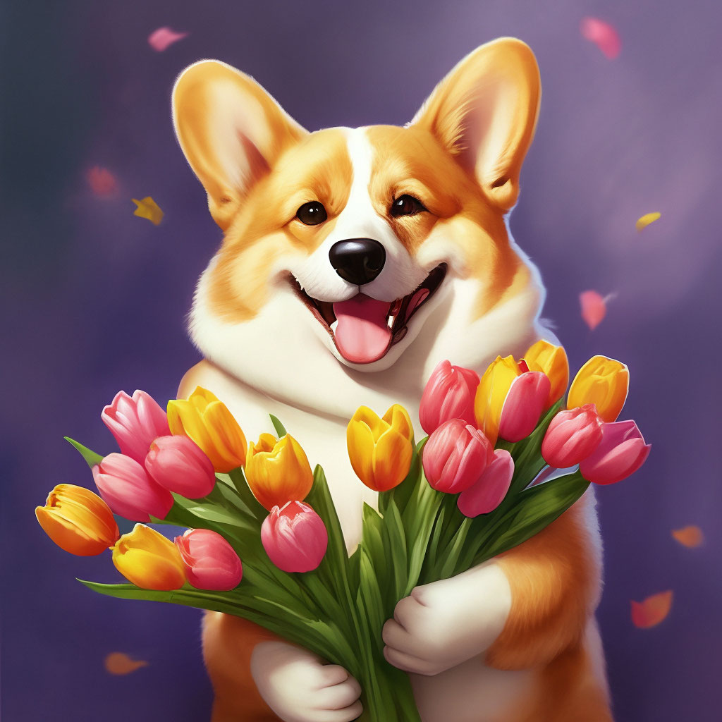 "A fat corgi smiles and holds a bouquet of tulips in his paws" — image ...