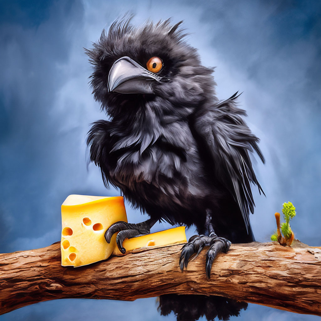 "Crow with cheese, sitting on a branch, disheveled, shaggy, with big ...