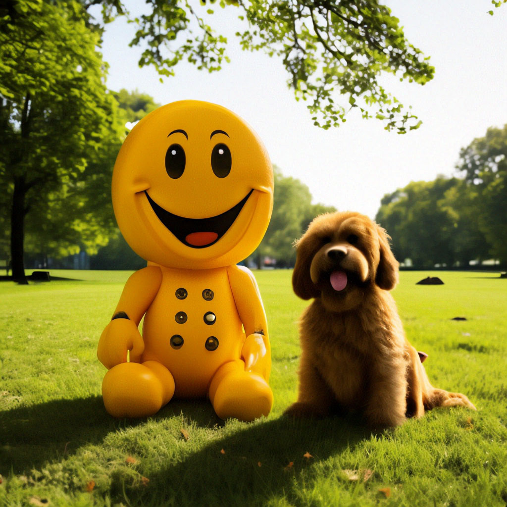 "A full-length smiley face and a dog in the park" — image created in ...