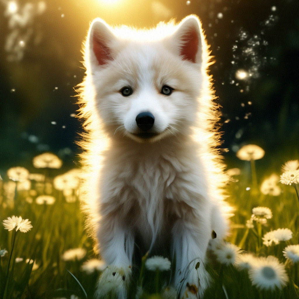 "A white fluffy wolf cub in full growth in a meadow with dandelions ...