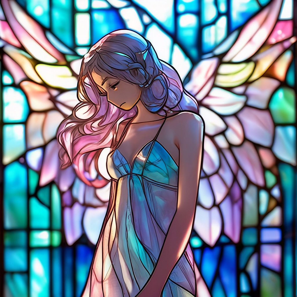 "Stained glass in water droplets turquoise transparent-white lilac-pink ...