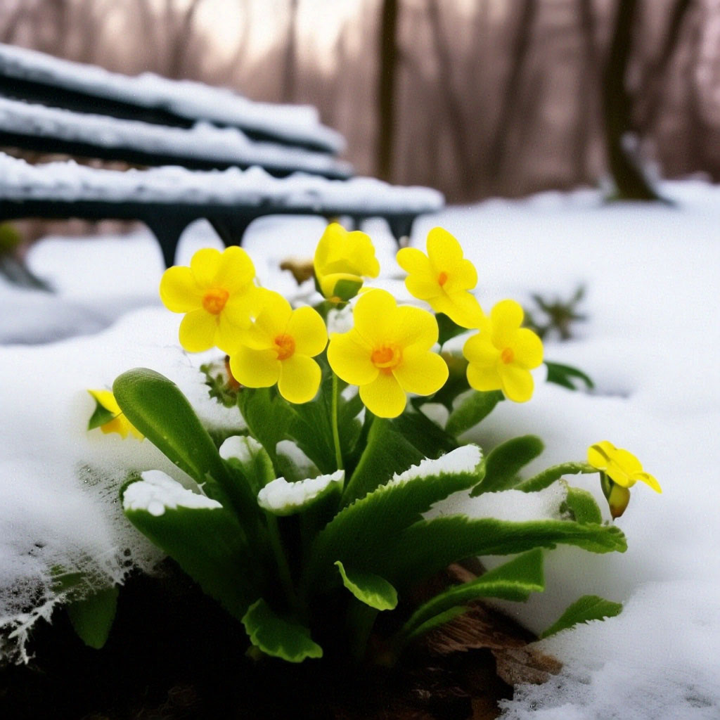 "Spring blowing south wind bench melting snow primroses professional ...