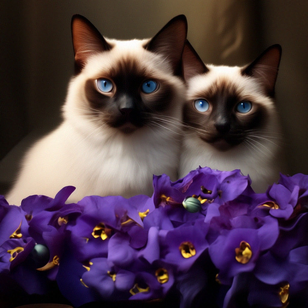 " professional digital drawing, hyper realism, Siamese cats next to a ...