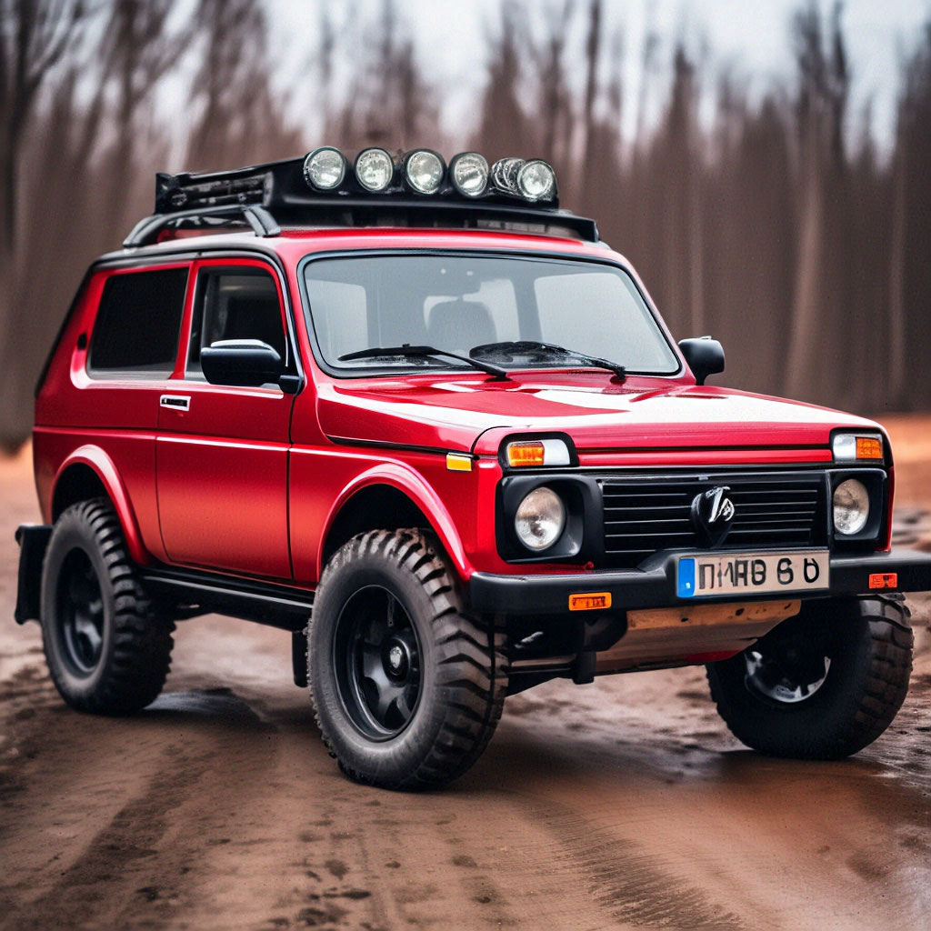 "Lada niva, red body, black wheels, fenders, mud terrain wheels, trofy ...