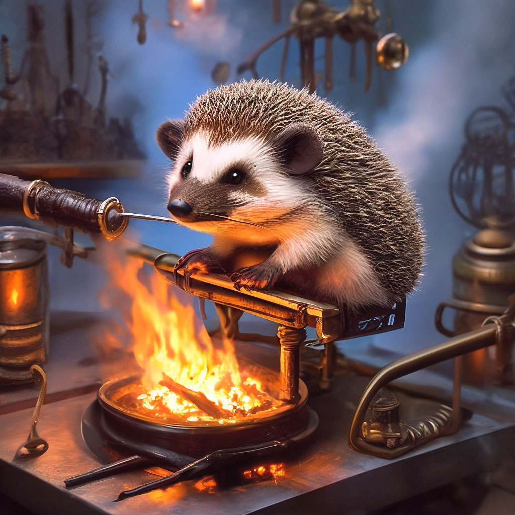"A hedgehog on a spit over a campfire" — image created in Shedevrum
