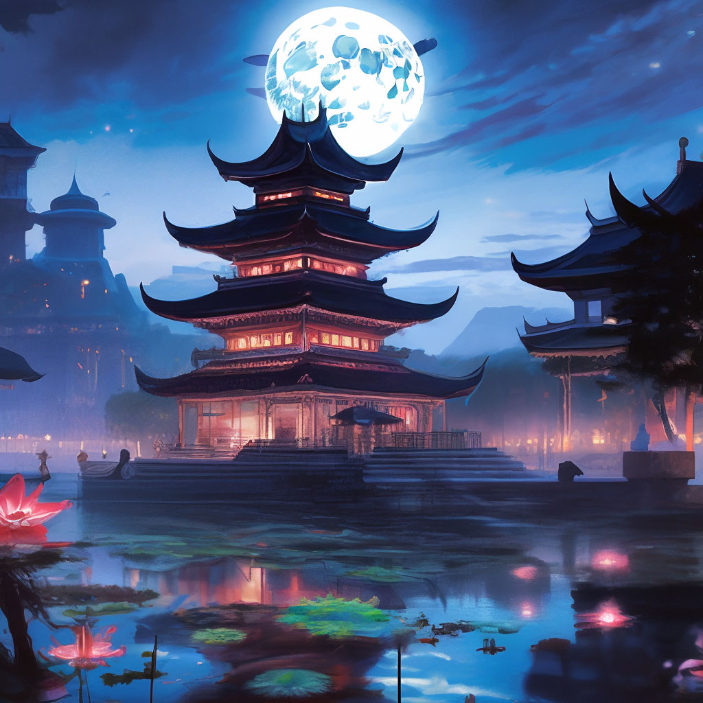 "🌝 Yu/Xuan supermoon, water lily pond…" — image created in Shedevrum