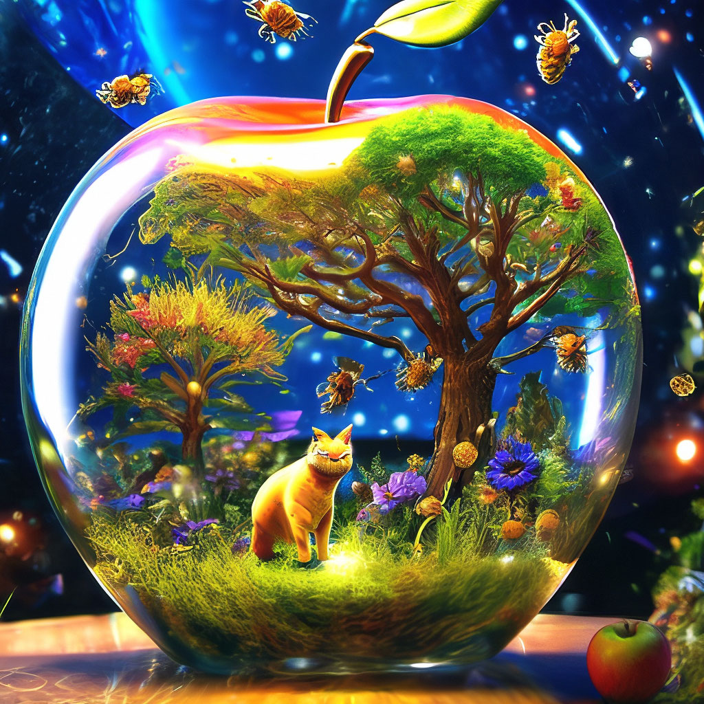 "In a glass apple, bees, trees, cat grass, epic,fabulous, space ...