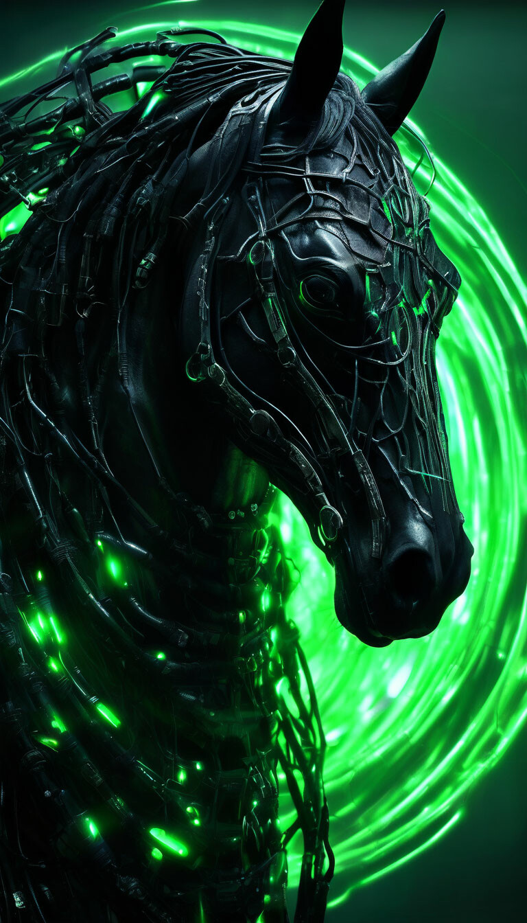 "Spiral composition, black infernal horse in cyberpunk style, gothic ...