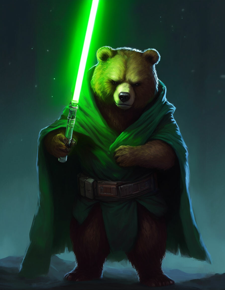 "A Jedi bear with a green sword" — image created in Shedevrum