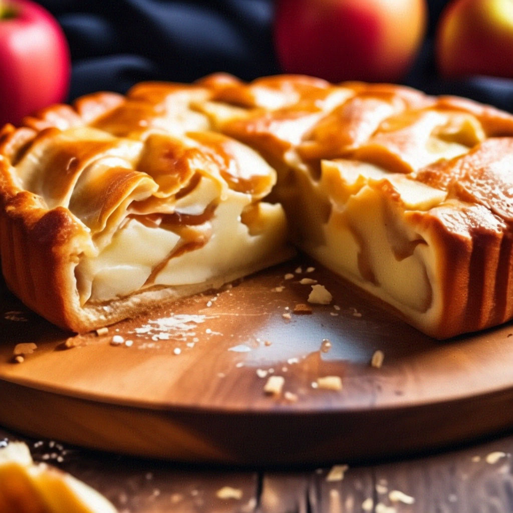 "Close-up of an apple pie, a ruddy charlotte in shape, a cut piece lies ...