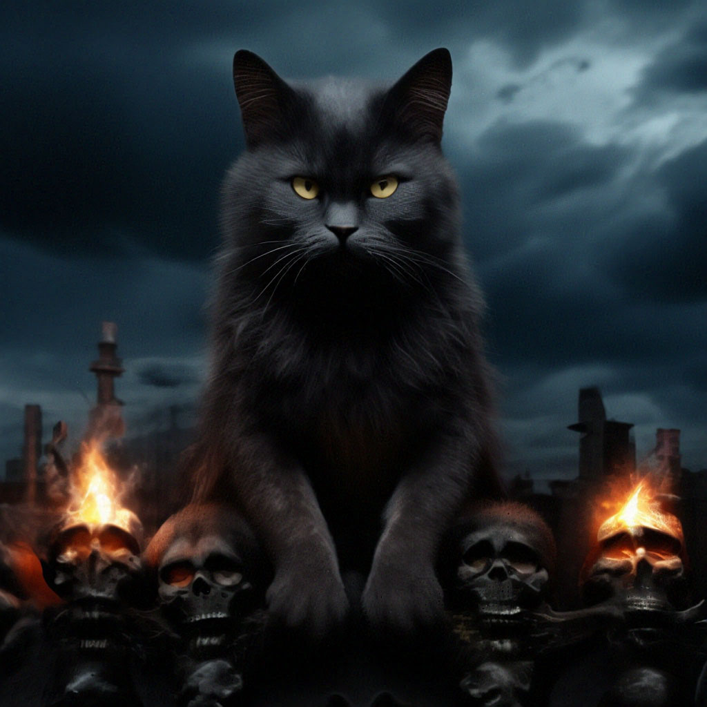 "Bayun the cat is sitting on a fence of skulls, a torch is burning ...