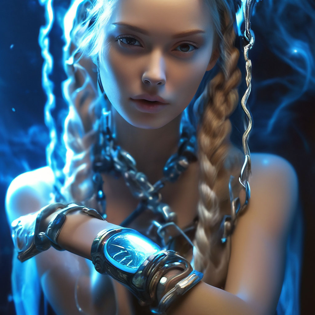 "Mystery girl, transparent shackles hanging on lowered hands ...