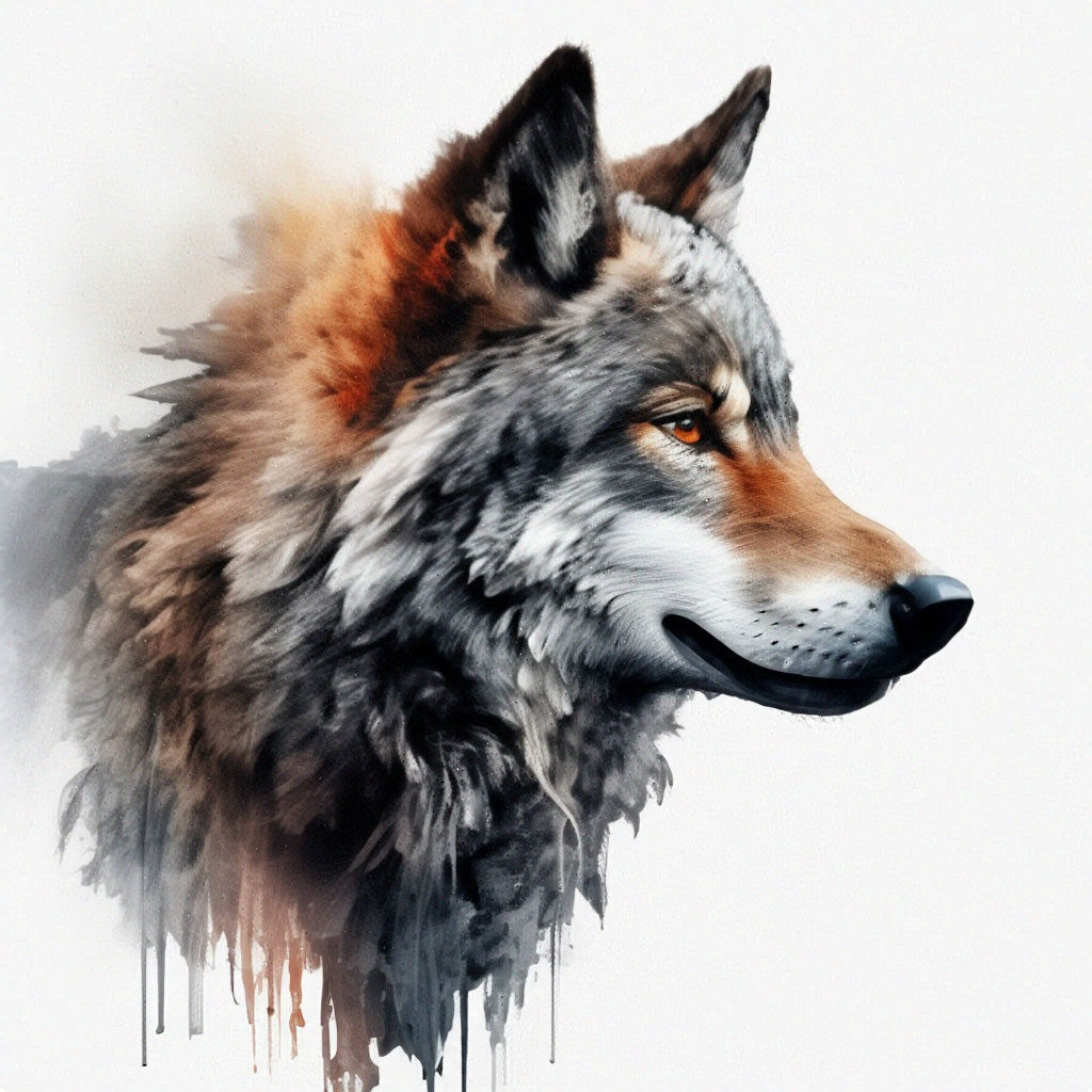 "Double exposure, wolf in profile, mountains and forest, sensuality ...