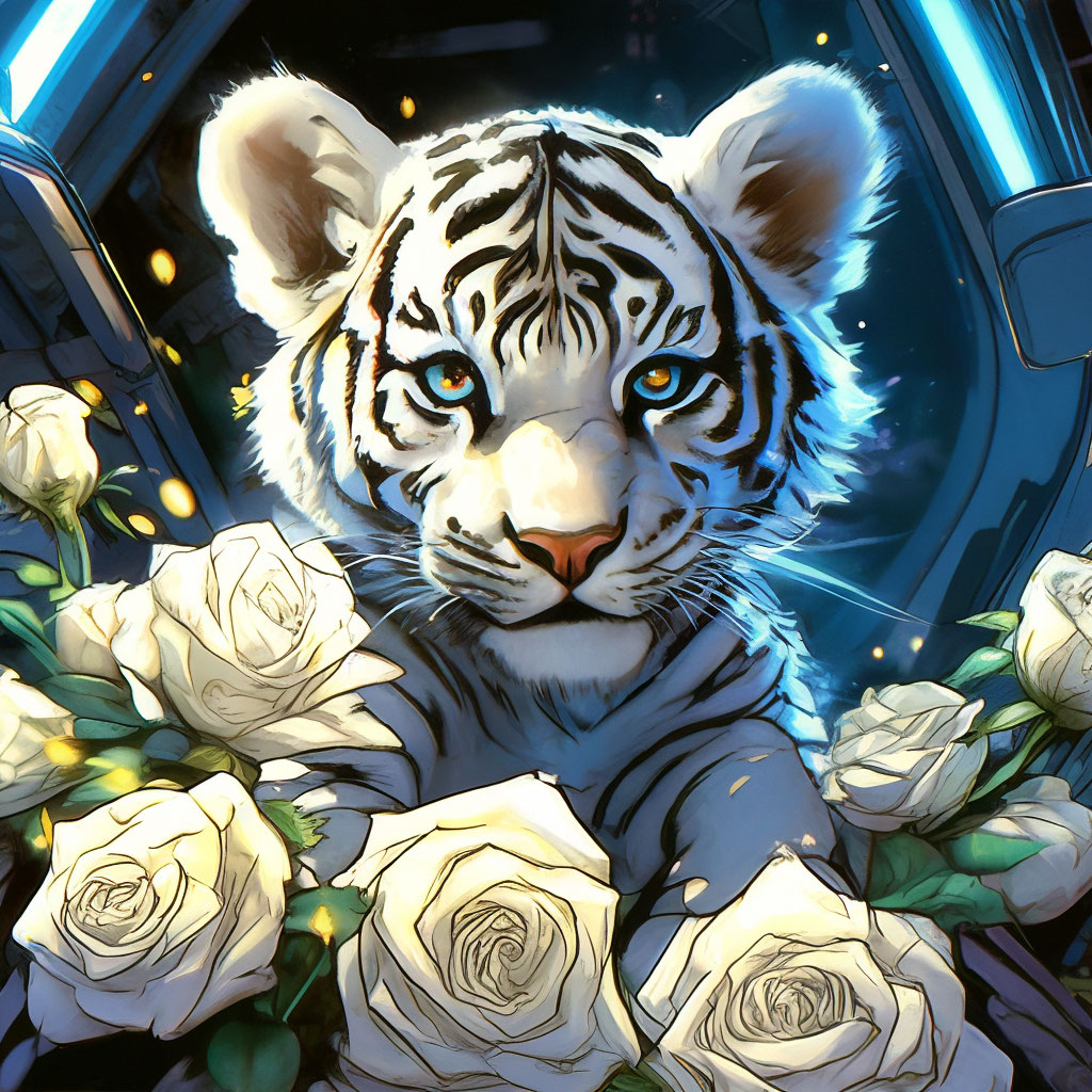 "A fabulous tiger cub with white roses" — image created in Shedevrum