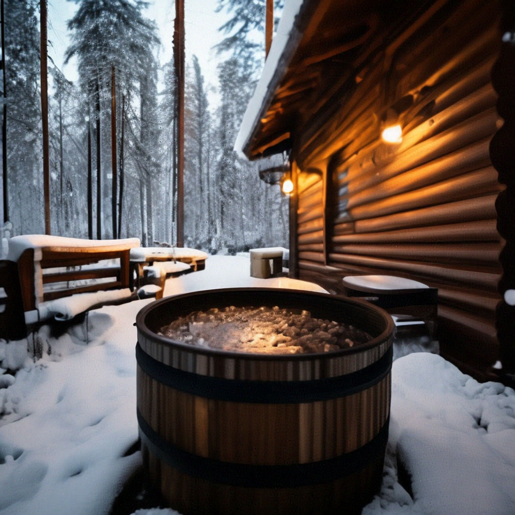 "Barrel-basin with hot water, snow, winter, wooden house porch, pine ...