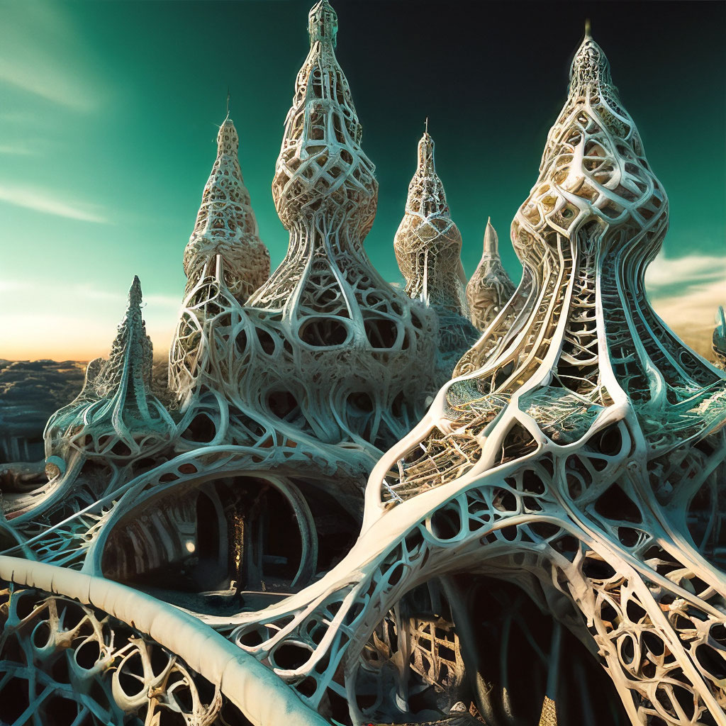 "Image of a jet-black exotic fantastic, quantum, fractal ornate world ...
