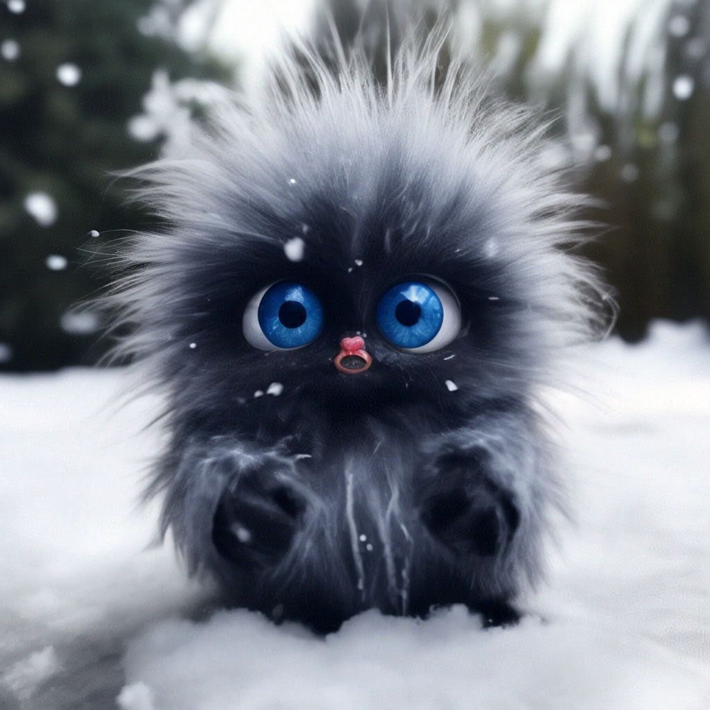 "Cute tiny monster fluffy nanny in the snow" — image created in Shedevrum