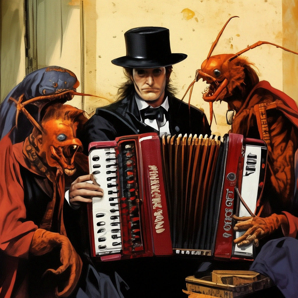 "Disassembly of thugs cockroaches on the accordion" — image created in ...